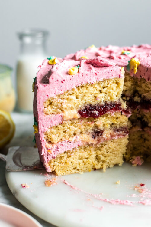 One Bowl MOIST Vegan Lemon Cake with Raspberry Buttercream | The Banana ...